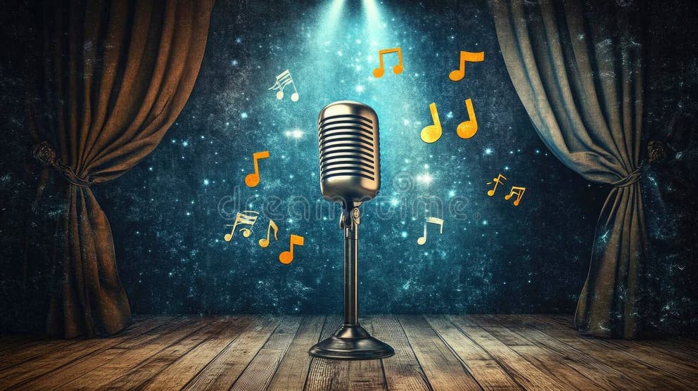 Vintage Microphone on Stage with Musical Notes Under Spotlight Stock ...