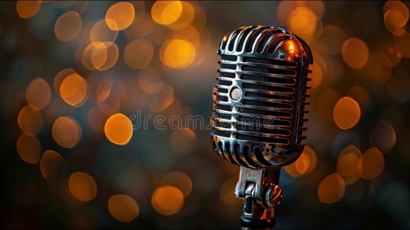 A Vintage Microphone on a Stage with Orange Bokeh Lights in the ...