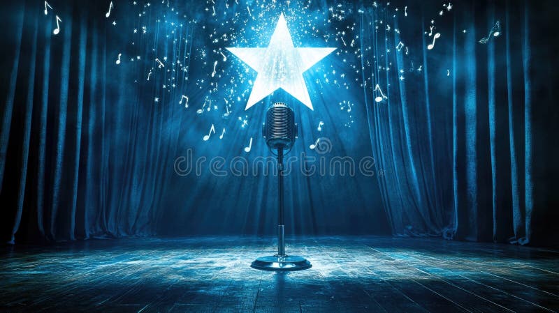 Vintage Microphone on Stage with Star and Musical Notes in Blue ...