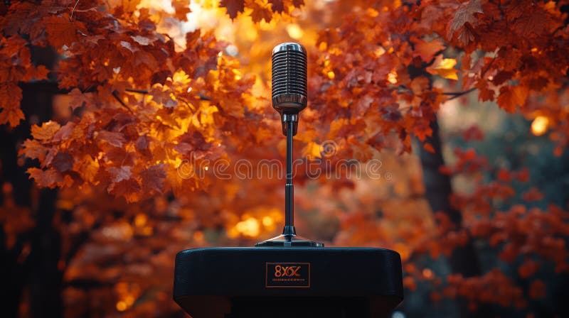 Vintage Microphone on Stand with Autumn Leaves Background in Forest ...