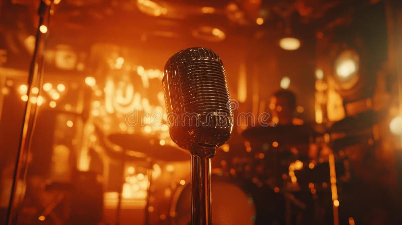 Vintage Microphone Stands Ready on Stage with Warm Backdrop, Live Music ...