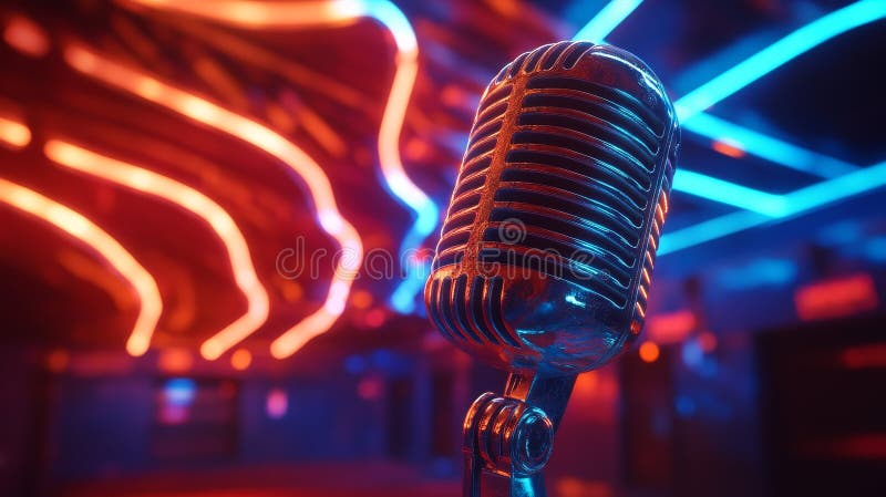 Vintage Microphone Stands on Stage Under Neon Lights, Ready for ...