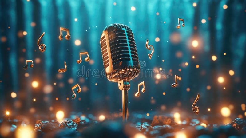Vintage Microphone Surrounded by Glowing Musical Notes in a Magical ...
