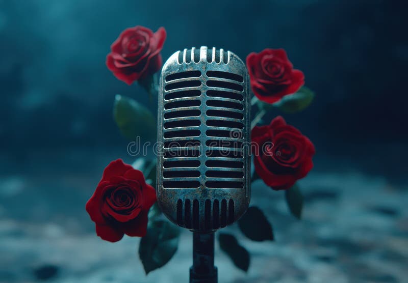 Vintage Microphone Surrounded by Red Roses Stock Illustration ...