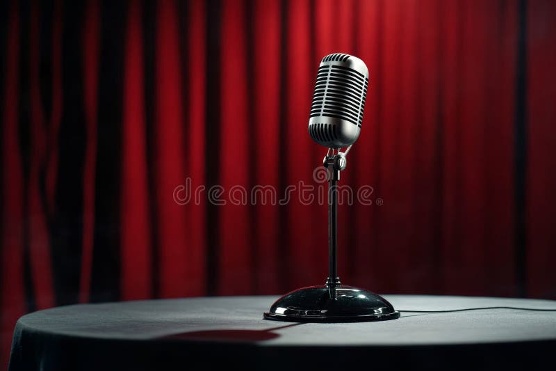 Vintage Microphone on a Table Over Red Velvet Curtain Stock ...