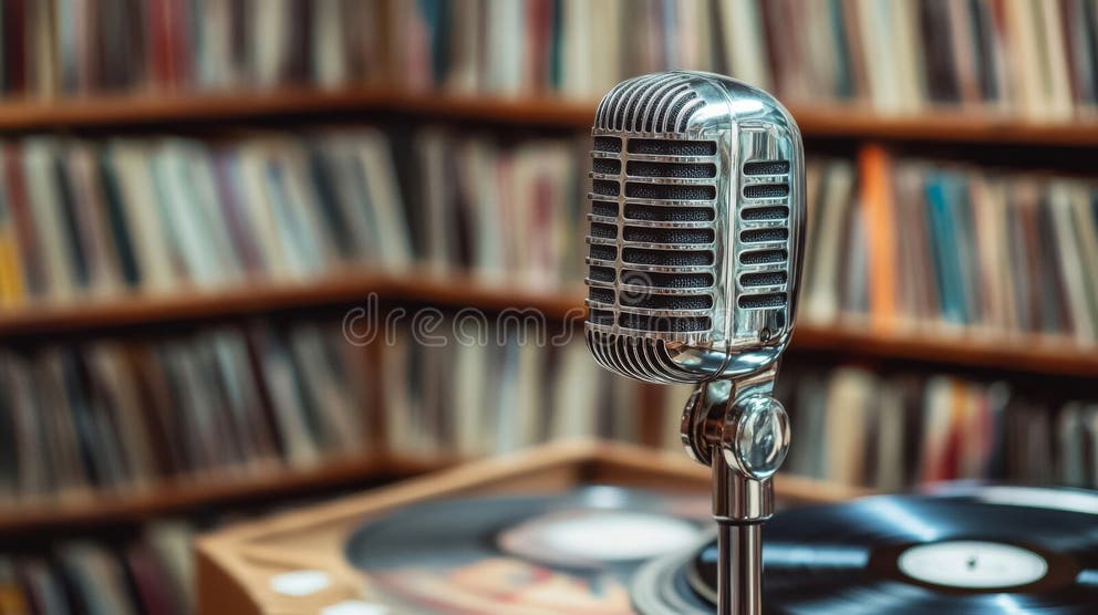 Vintage Microphone on Turntable with Bookshelf Background Stock ...
