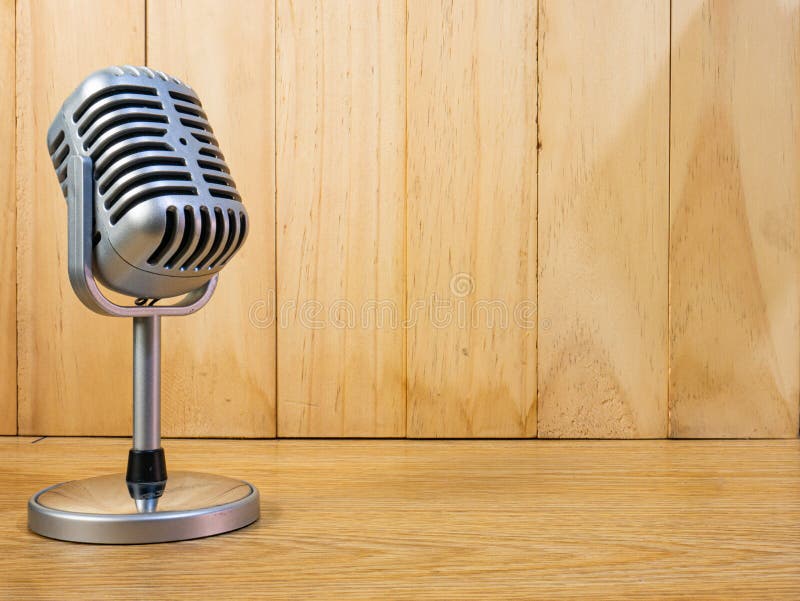The Vintage Microphone on Wood Table for Podcast or Media Concept ...