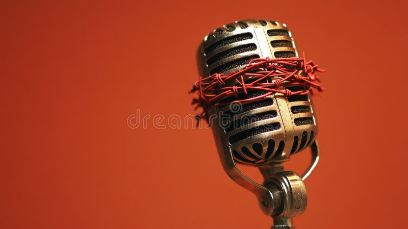 Vintage Microphone Wrapped in Barbed Wire on Orange Background. Stock ...