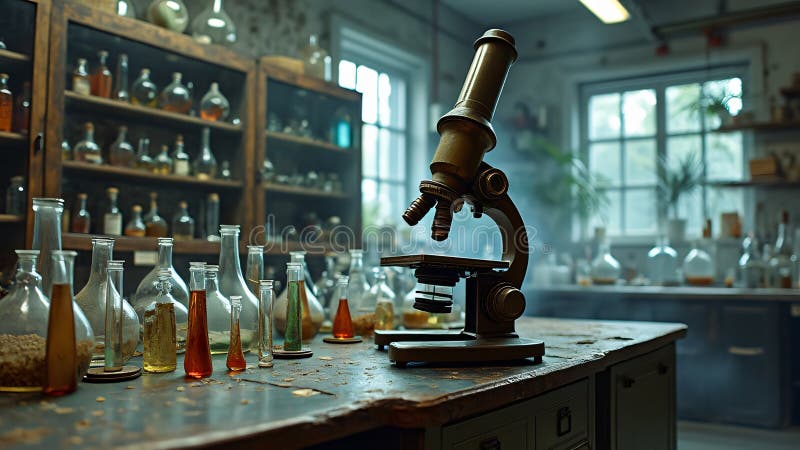 Vintage Microscope in Old Laboratory with Glassware Good Resolution ...