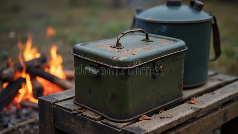 Vintage Military Ration Tin on Crate with Campfire and Mess Kit Stock ...