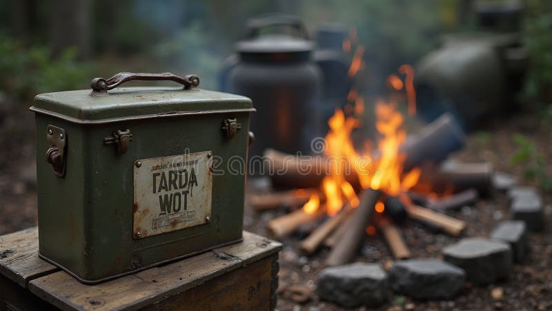 Vintage Military Ration Tin on Crate with Campfire and Mess Kit Stock ...