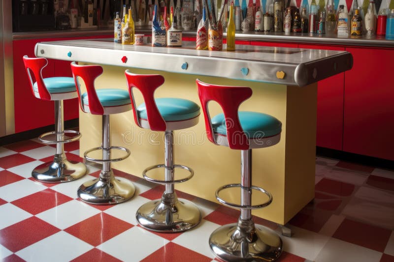 Retro Milkshake Bar Counter with Stools and Neon Lights Stock Photo ...