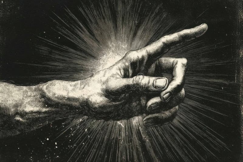 Vintage Minimalistic Hand Illustration with Radiant Light Effect Stock ...