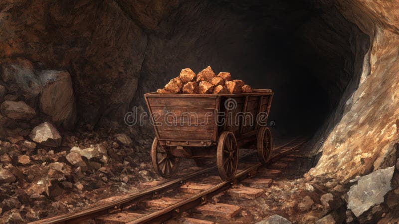 Vintage Mining Cart Filled with Rocks on Old Railway in Rustic Tunnel ...