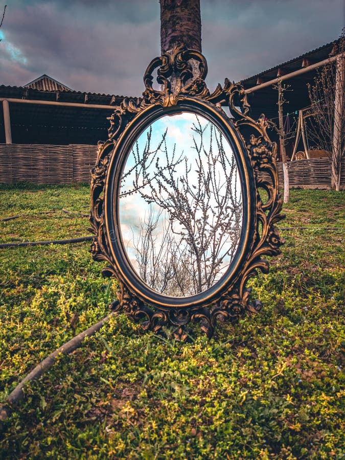 Vintage Mirror with Reflection Stands on the Grass Stock Image - Image ...