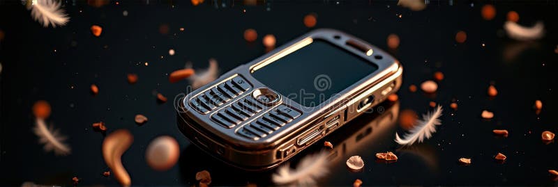 Vintage Mobile Phone on Reflective Surface with Floating Feathers and ...