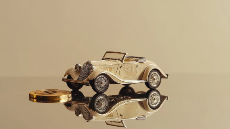 Vintage Model Car with Golden Coin Reflection on Glossy Surface Stock ...