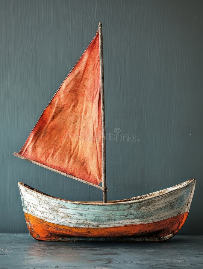 Vintage Model Sailboat with Red Sail Against Dark Background. Stock ...