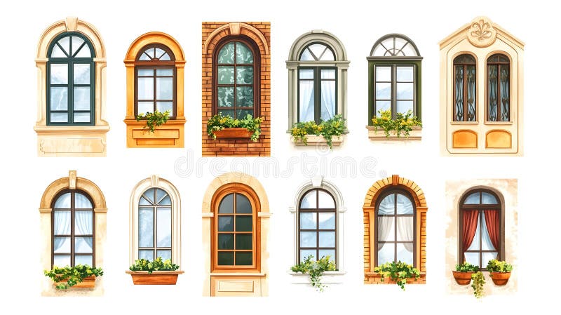 Vintage and Modern Architectural Windows Collection with Floral Decor ...