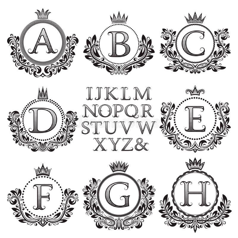 Vintage Monogram Kit. Black Patterned Letters and Floral Round Frames ...