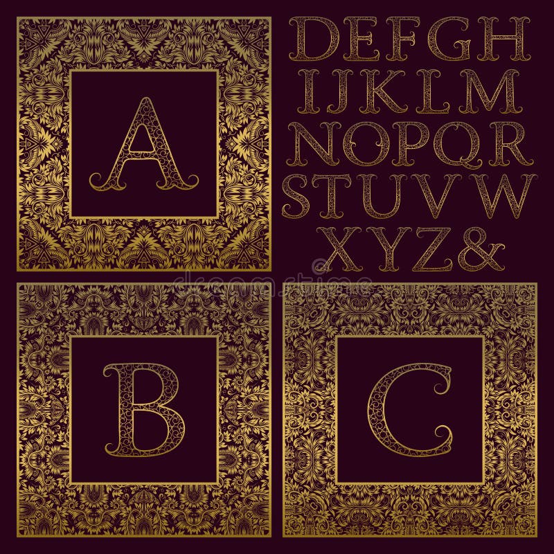 Vintage Monogram Kit. Golden Patterned Letters and Ornate Square Frames ...