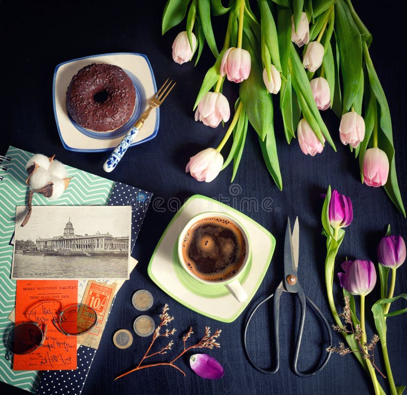 Vintage Morning Coffee and Tulips Stock Image - Image of concept ...