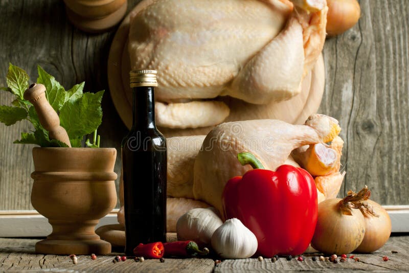 Vintage Mortar, Raw Chicken and Mix of Vegetables Stock Photo - Image ...