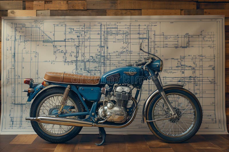 Vintage Motorcycle Displayed with Blueprint Stock Image - Image of ...