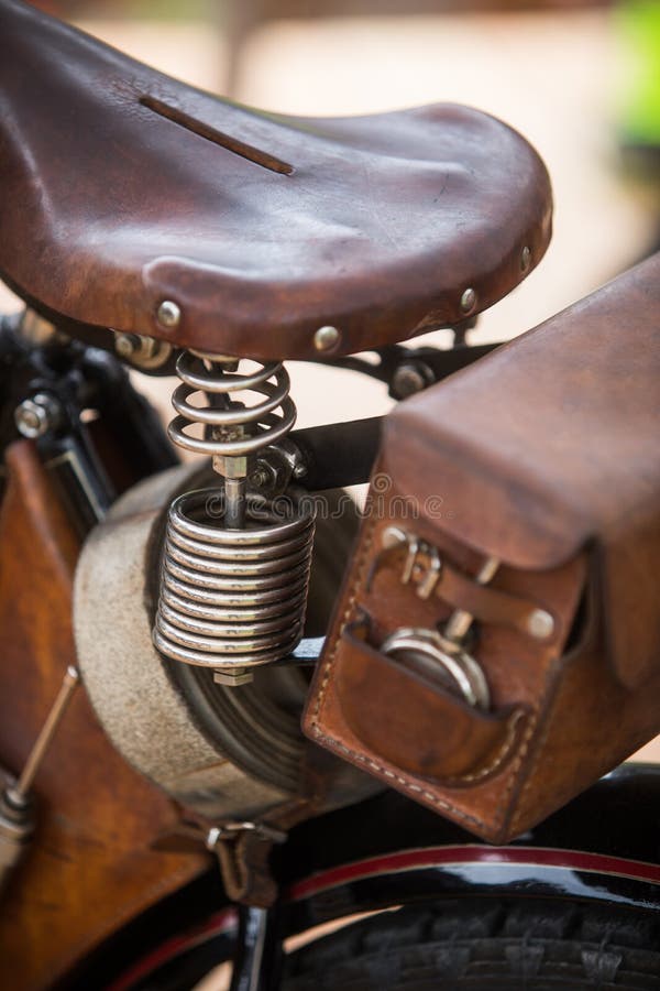Vintage Motorcycle Leather Saddle Stock Photo - Image of spring ...