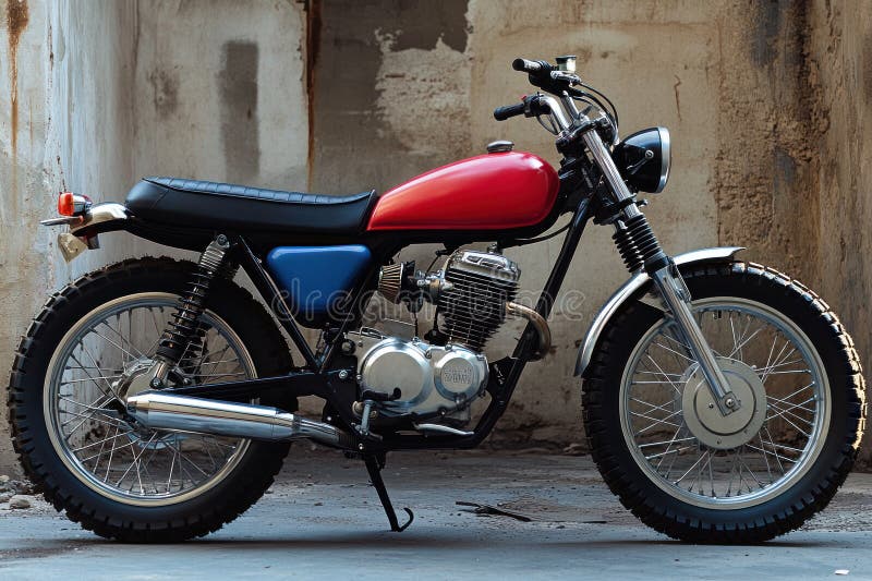 Vintage Motorcycle with Red and Blue Tank in an Industrial Setting ...