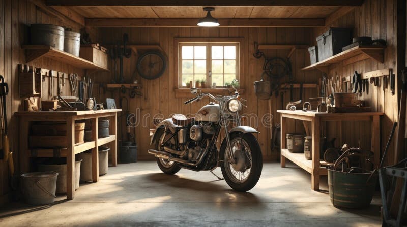 Vintage Motorcycle in Rustic Workshop with Tools and Equipment Stock ...
