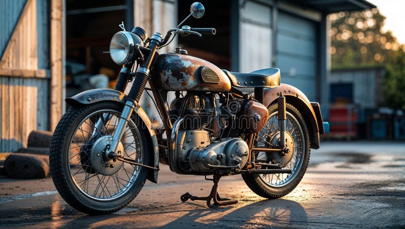 Photorealistic Image of a Vintage Motorcycle in an Industrial Setting ...