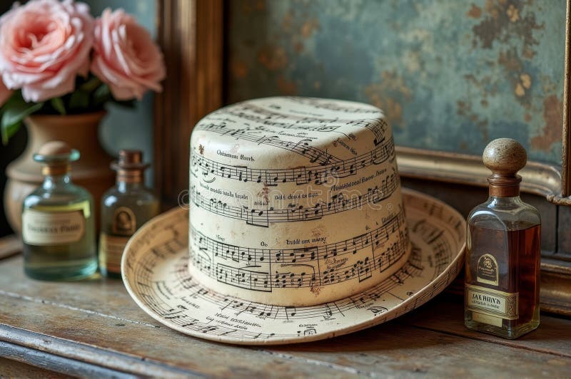 Vintage Music-themed Hat with Sheet Music Design on Rustic Table with ...
