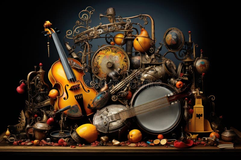 Vintage Musical Instruments and World Discovery Still Life Stock Image ...