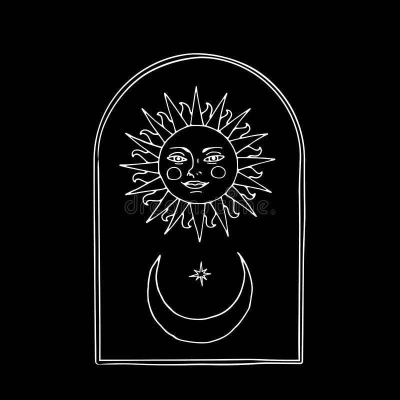 Vintage Mystic Sun and Half Moon Illustration with Decorative Arch ...