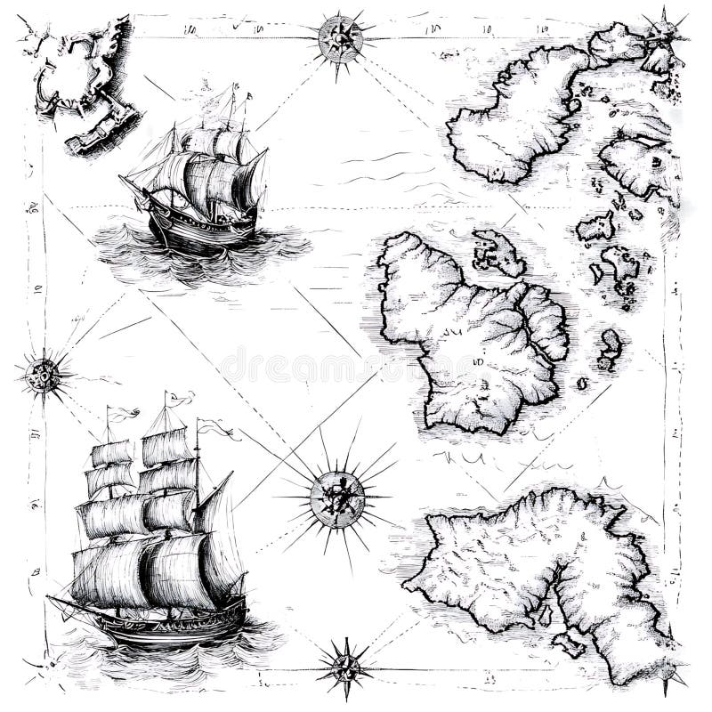 Vintage Nautical Chart Illustration with Sailing Ships and Islands ...