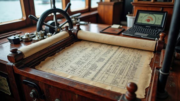 Vintage Nautical Chart on Wooden Ship Bridge with Navigational ...