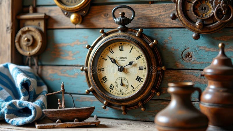 Vintage Nautical Nautical Clock and Decor on Rustic Wooden Wall Stock ...