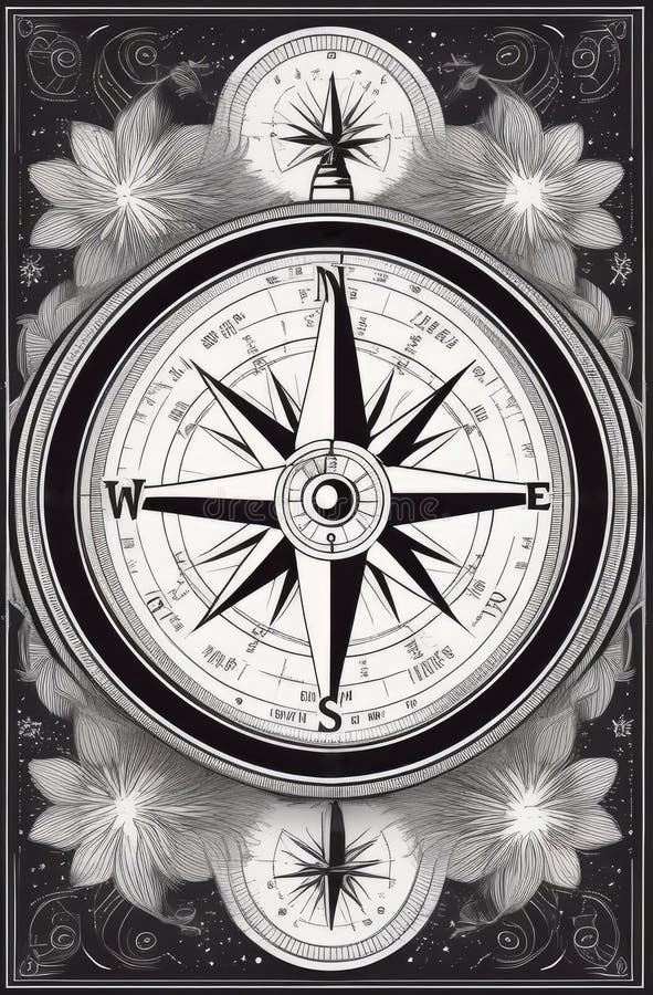 Vintage Nautical Compass in Black and White on White Background ...