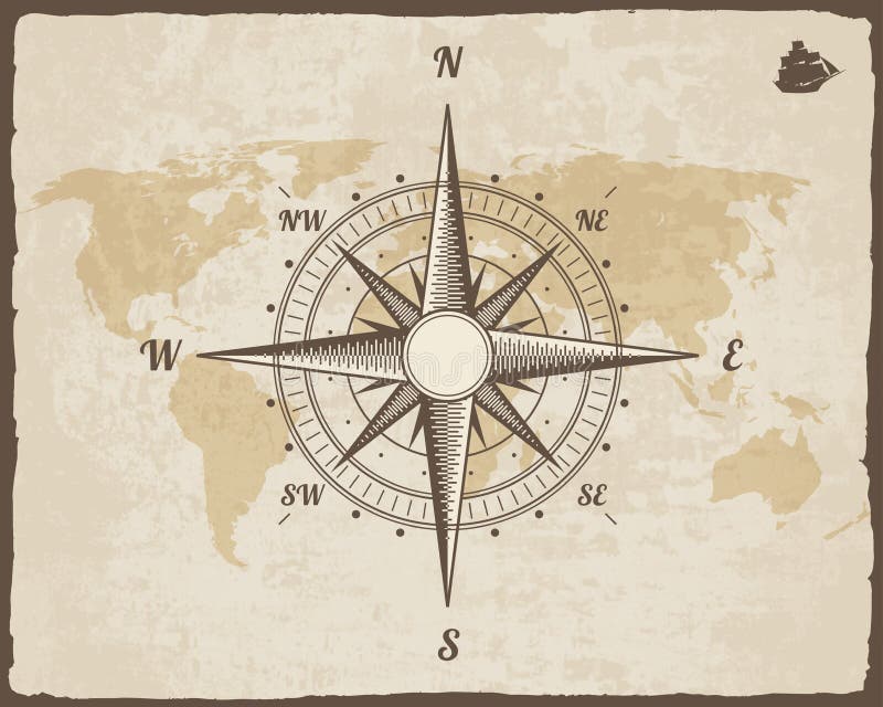 Vintage Nautical Compass. Old World Map on Vector Paper Texture with ...