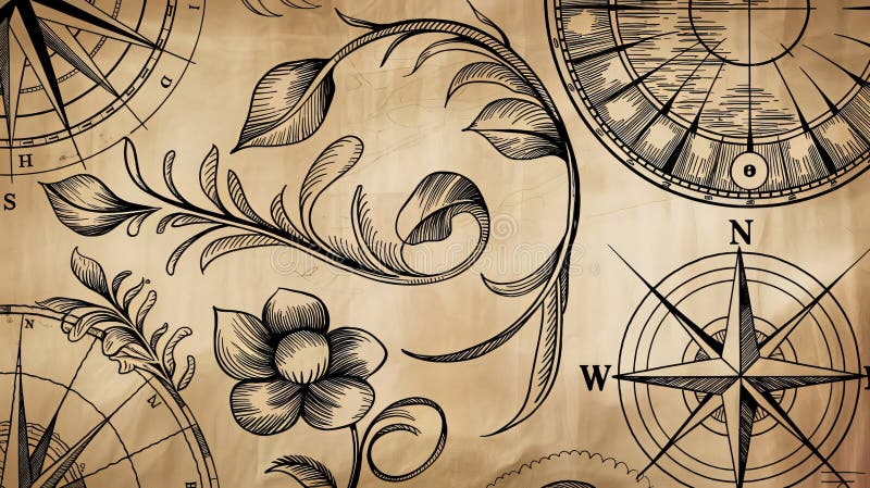 Vintage Nautical Compass Rose with Floral Design, High Quality Image ...