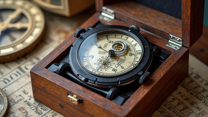 Vintage Nautical Compass in Wooden Box on Antique Map Background Stock ...