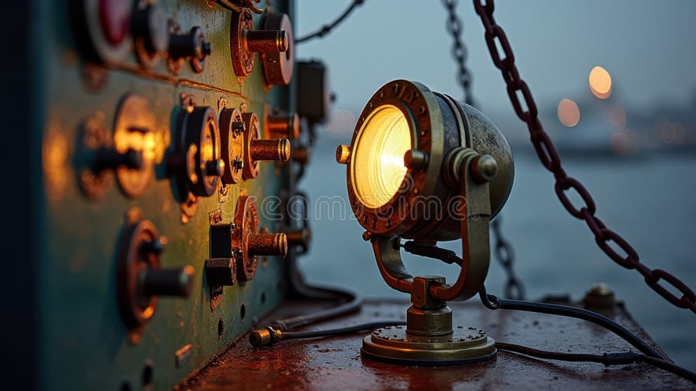 Vintage Nautical Control Panel with Illuminated Spotlight at Twilight ...