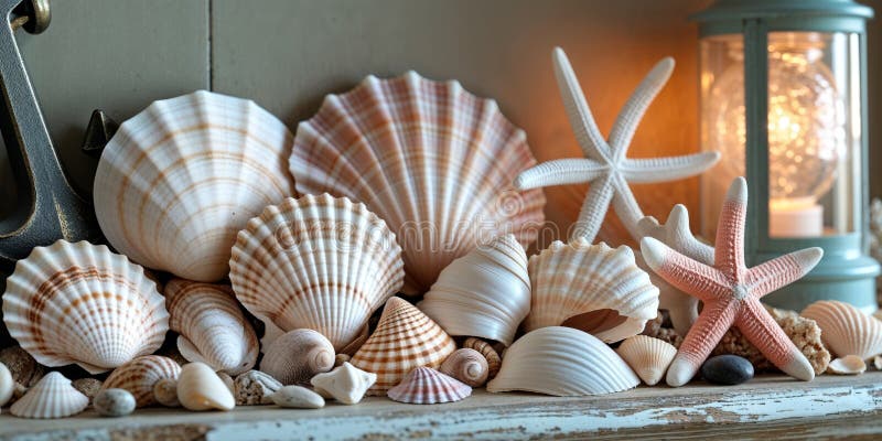 Vintage Nautical Decor with Seashells and Starfish Display. Stock Photo ...