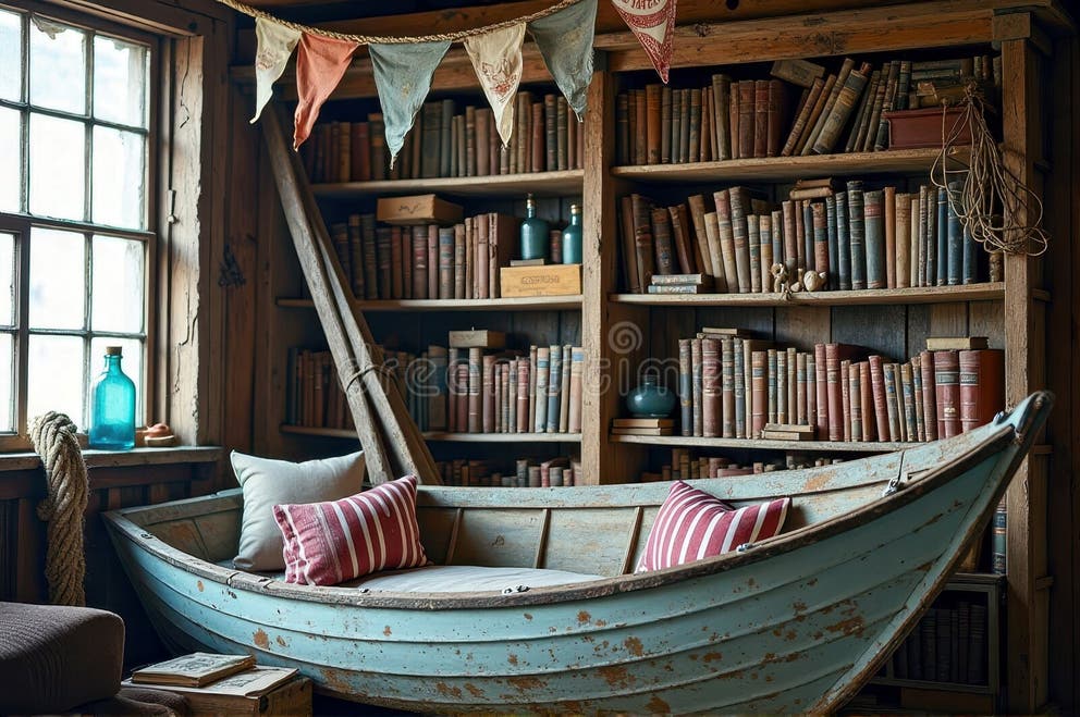 Vintage Nautical Library with Boat Couch and Rustic Decor Stock Photo ...