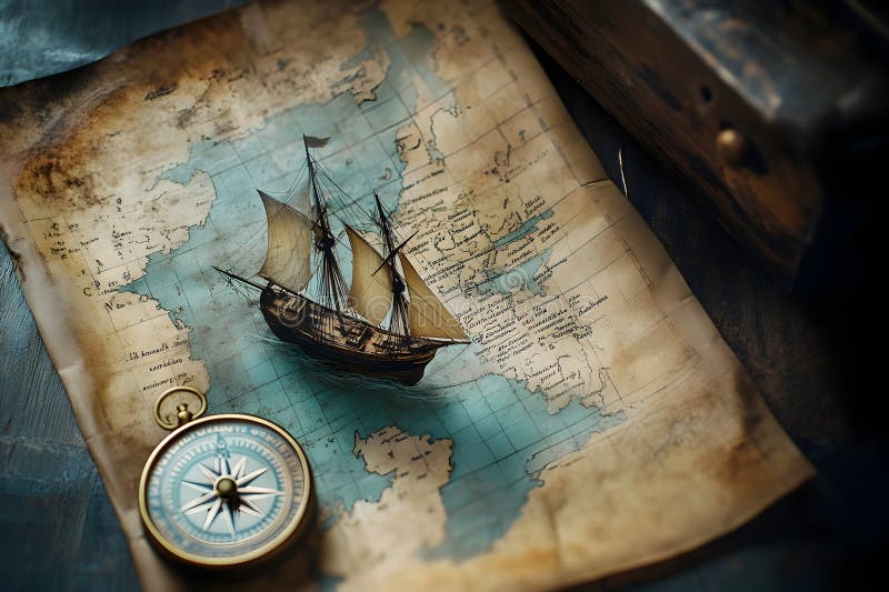 Vintage Nautical Map with Antique Ship and Compass on Wooden Table ...