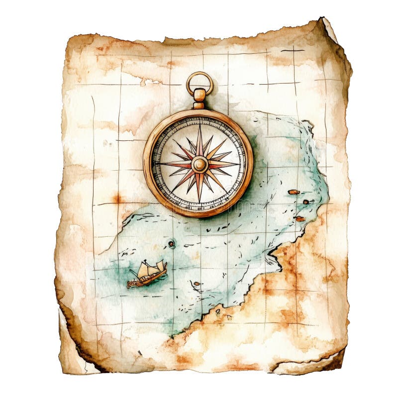 Vintage Nautical Map with a Compass and Ship Illustration, Watercolor ...