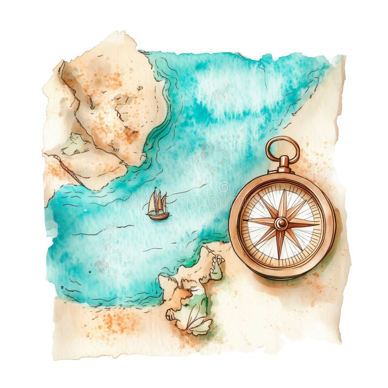 Vintage Nautical Map with a Compass and Ship Illustration, Watercolor ...