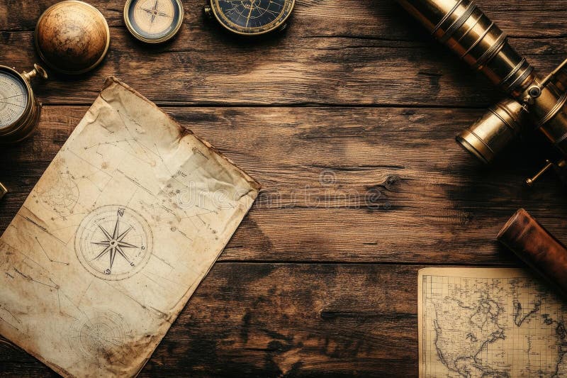 Vintage Nautical Map and Compass on Wooden Background Stock Image ...