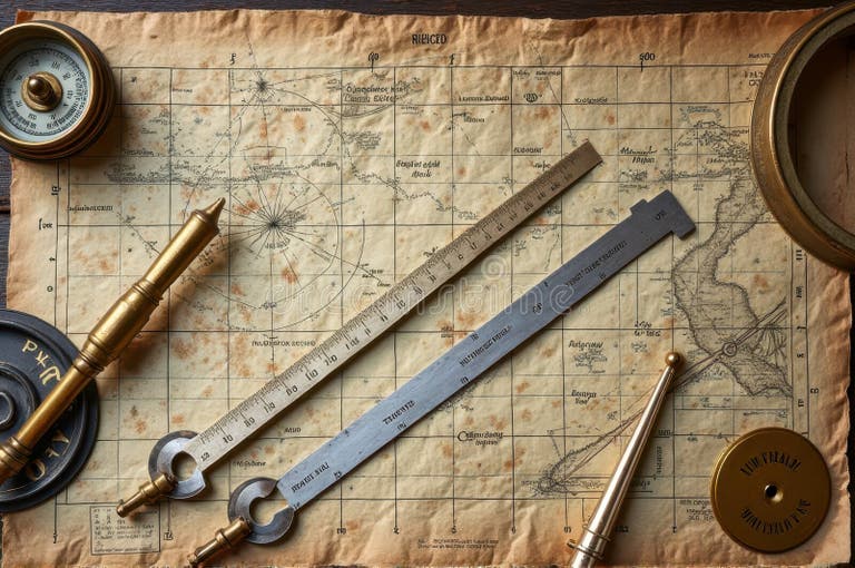 Vintage Nautical Map with Compasses and Navigational Instruments Stock ...